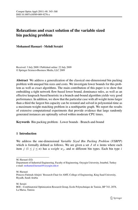 Pdf Relaxations And Exact Solution Of The Variable Sized Bin Packing