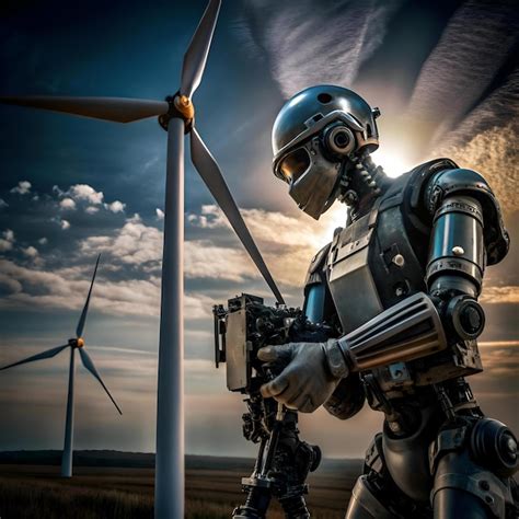 A Futuristic Robot Stands By A Wind Turbine Symbolizing The Role Of Technology In Clean Energy