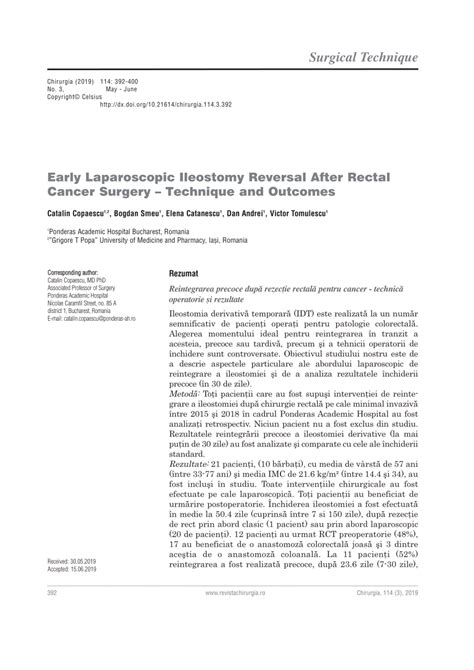 Pdf Early Laparoscopic Ileostomy Reversal After Rectal Cancer Surgery Technique And Outcomes