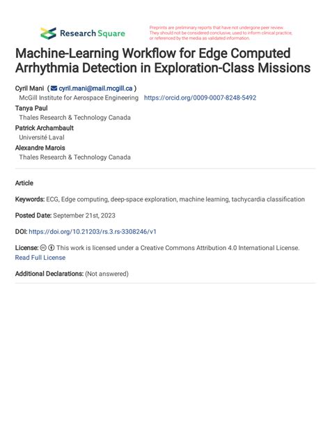 Pdf Machine Learning Workflow For Edge Computed Arrhythmia Detection