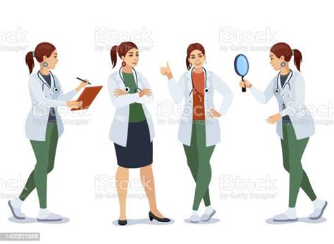 여성 닥터 캐릭터는 다양한 포즈와 몸짓으로 설정됩니다 여자 의사에 대한 스톡 벡터 아트 및 기타 이미지 여자 의사 의사