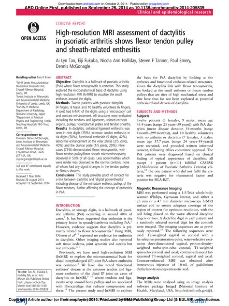 Pdf High Resolution Mri Assessment Of Dactylitis In Psoriatic