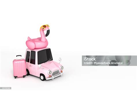 분홍색 플라밍고 플로트 열대 조류 모양풍선 수영장 링 흰색 배경 3d 렌더링에 차량에 넣어 수하물 3d 일러스트 여름과 여행 최소한의 개념 3차원 형태에 대한 스톡 사진 및