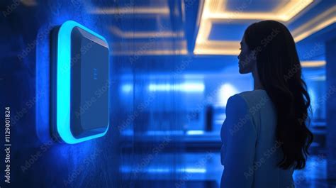 Exploring Advanced Technology Interfaces A Woman Engaging With A Smart Device In A Modern Office