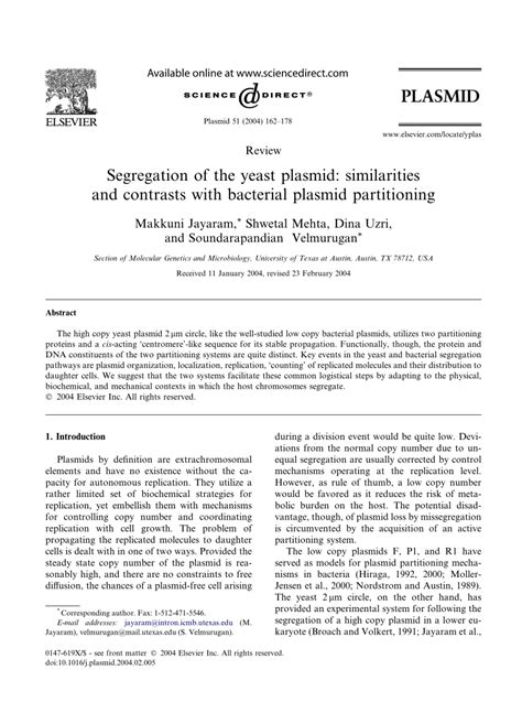 Pdf Segregation Of The Yeast Plasmid Similarities And Contrasts With Bacterial Plasmid