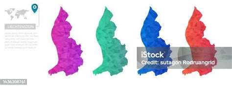 벡터 다각형 리히텐슈타인 지도 세트 낮은 폴리 스타일의 국가의 밝은 그라데이션 지도 인포그래픽을 위한 기하학적 스타일의 여러 가지 빛깔의 국가 지도 당신을 위한 다각형