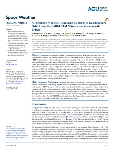 Pdf A Prediction Model Of Relativistic Electrons At Geostationary Orbit Using The Emd‐lstm