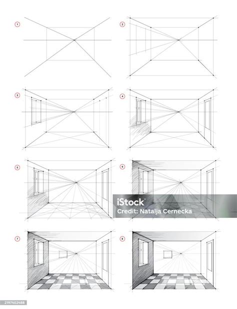Page는 실생활에서 방 인테리어의 스케치를 원근법으로 그리는 방법을 보여줍니다 연필 그리기 수업 아티스트를 위한 교육 튜토리얼