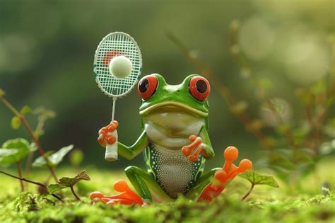 Rana Divertida Jugando Al Bádminton Con Una Mini Raqueta Y Una Lanzadera En La Naturaleza Foto