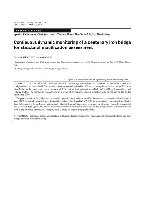 Pdf Continuous Dynamic Monitoring Of A Centenary Iron Bridge For