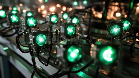 An Intricate Network Of Connected Sensors Mounted On Manufacturing Equipment With Blinking Led