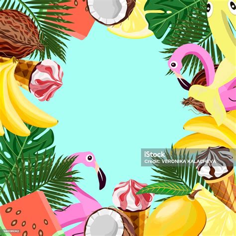 프레임 템플릿 여름 기호 아이스크림 열대 잎 수박 코코넛 바나나 풍선 원 플라밍고 밝은 파란색 배경에 망고 여름 디자인을 위한 벡터 배너입니다 계절에 대한 스톡 벡터 아트