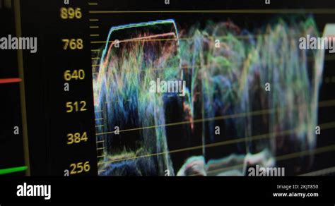 monitor displays color grading of footage made by histogram stock video