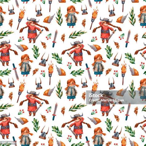 귀여운 바이킹 패턴 매끄러운 질감 작은 바이킹 소녀 칼과 헬멧 동화 만화 스타일 여자를위한 재미있는 섬유 인쇄 어린이 일러스트레이션 포장지 인쇄 검에 대한 스톡 벡터 아트