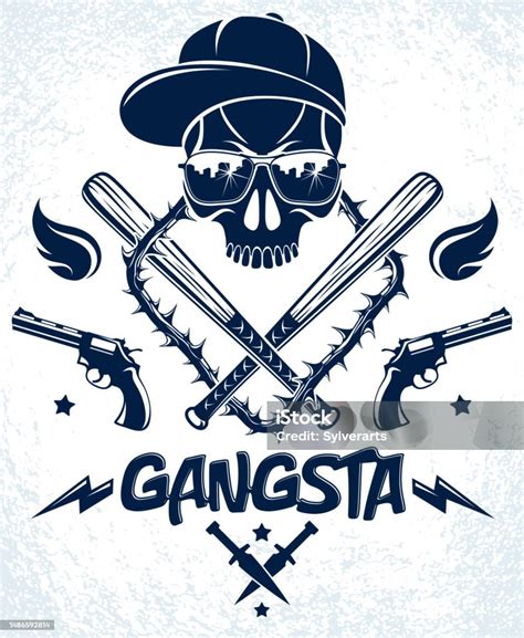 공격적인 두개골 야구 박쥐와 다른 무기와 디자인 요소 벡터 범죄 게토 빈티지 스타일 갱스터 무정부 또는 마피아 테마와 갱스터