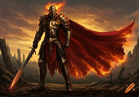 A Skeletal Knight In Rusted Armor And A Tattered Red Cape Stands With A