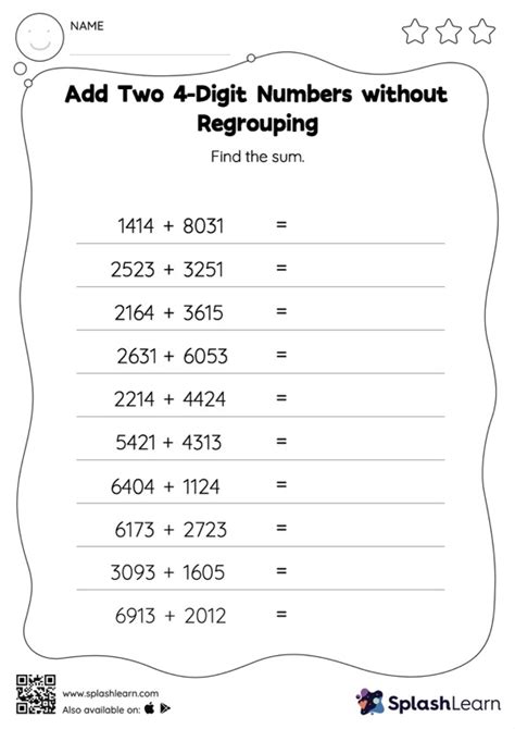 Add Two 4 Digit Numbers Without Regrouping Horizontal Addition Worksheet