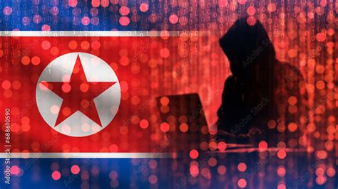 Hacker From North Korea Flag Dprk Silhouette Man Hacker With Laptop Cyber Criminal Hacking
