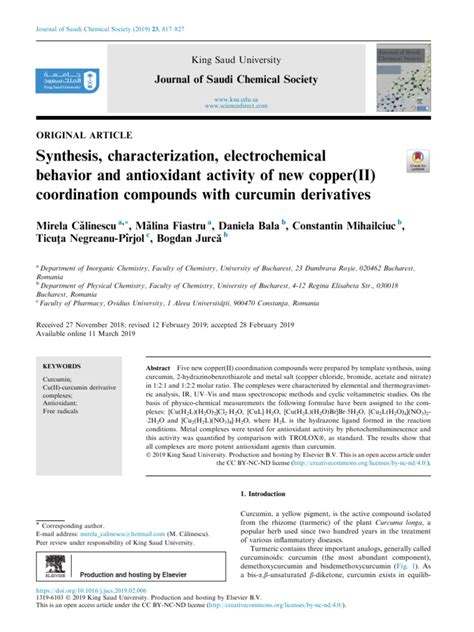 Synthesis Characterization Electrochemical Behavior And Antioxidant Activity Of New Copper Ii