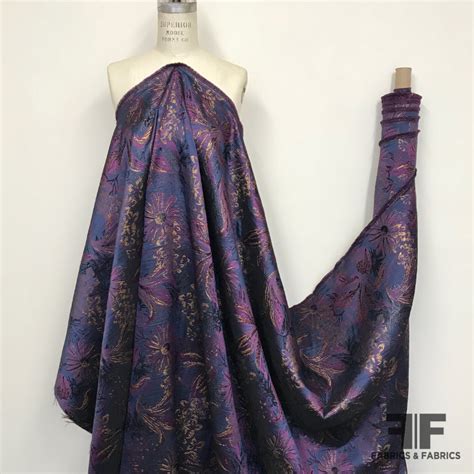 Tropical Multi Floral Metallic Brocade Fabric Purplegoldblue