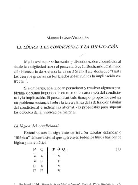 La Lógica Del Condicional Y La Implicación Marino Llanos Villajuán Pdf Science Matemáticas