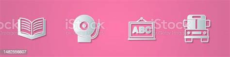 종이 컷 설정 책 열기 울리는 알람 벨 칠판 및 스쿨 버스 아이콘 종이 아트 스타일 벡터 3차원 형태에 대한 스톡 벡터 아트 및 기타 이미지 Istock
