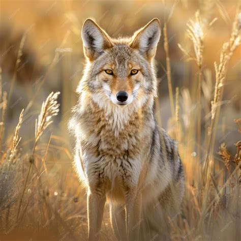 Premium Photo Coyotes Standing Tall Amidst The Prairie Grass In Their