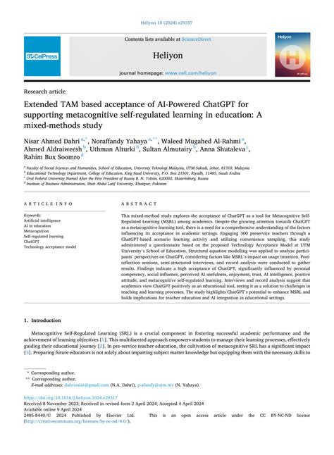 Pdf Extended Tam Based Acceptance Of Ai Powered Chatgpt For Supporting Metacognitive Self