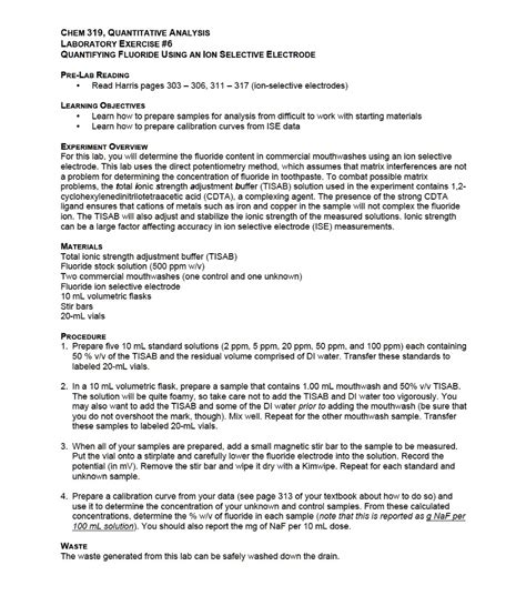 Chem 319 Quantitative Analysis Laboratory Exercise 6 Quantifying Fluoride Using An Ion Selective