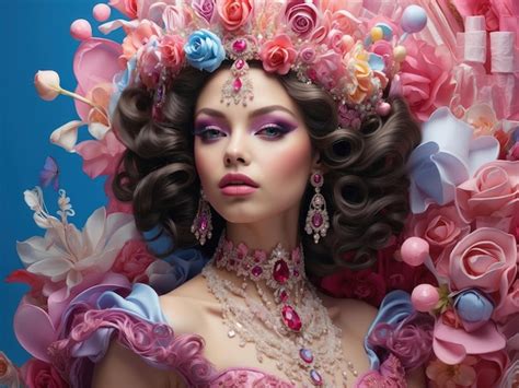 Premium Photo Beautiful Brunette Candy Queen In Crown With Flowers Ai