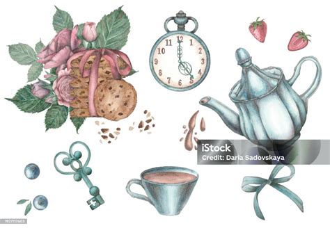핑크 리본으로 묶고 장미 찻주전자 차 한 잔 딸기 블루베리 회중시계 열쇠 빈티지 스타일의 리본으로 장식된 쿠키 구성으로 구성된 세트입니다 수채화 개체 그룹에 대한 스톡 벡터
