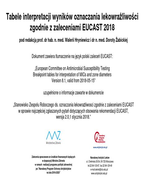 Tabele Wartosci Granicznych Eucast Wersja 8 02018 Pdf
