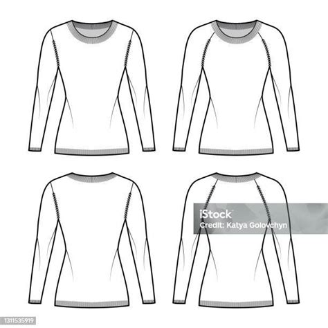 라운드 넥 스웨터 테크니컬 패션 일러스트레이션 으로 긴 라글란 슬리브 몸에 맞는 몸매 힙길이 니트 트리밍 0명에 대한 스톡 벡터