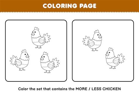 귀여운 만화 암탉 치킨 라인 아트 세트 인쇄 가능한 농장 워크시트의 페이지를 색칠하는 어린이를 위한 교육 게임 프리미엄 벡터