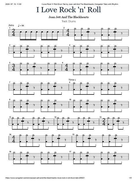 I Love Rock N Roll Drum Tab By Joan Jett And The Blackhearts