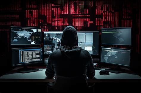 Hacker Wearing Hoodie Sitting In Front Of Many Computer Screens