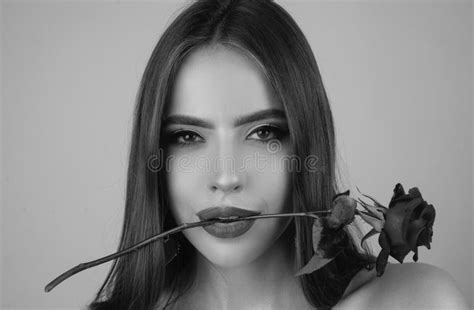 Sensual Woman With Red Lips With Red Rose Isolated Beige Background
