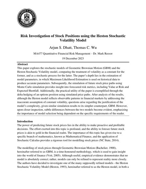 Pdf Risk Investigation Of Stock Positions Using The Heston Stochastic Volatility Model