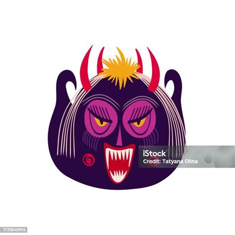 뿔이 나고 이상하고 못생긴 화난 악마 유치한 스타일의 삽화 Cult에 대한 스톡 벡터 아트 및 기타 이미지 Cult 강렬하고 밝은 색상 기이함 Istock