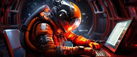 Premium Photo A Spacesuit Astronaut Using A Laptop