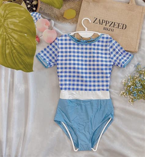 🍉korean Style 🍉 วันพีชแต่งสก๊อตสีฟ้า สดใสๆ สไตล์สาวเกาหลี งานป้ายเกรดคุณภาพที่รับรองได้ไปต้อง