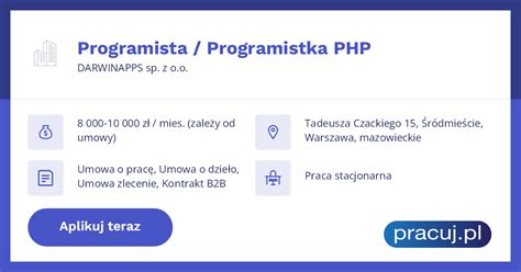 Oferta Pracy Programista Programistka Php Darwinapps Sp Z Oo Warszawa