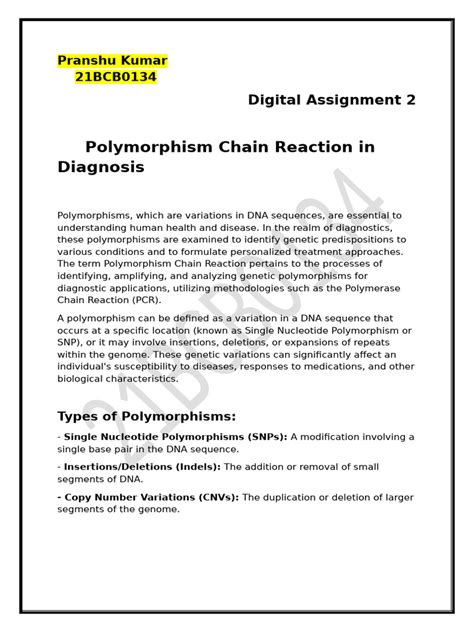 Polymorphism Chain Reaction In Diagnosis Pdf Single Nucleotide Polymorphism Polymerase
