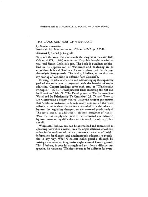 1992 Work And Play Of Winnicott Pdf Object Relations Theory Psychoanalysis