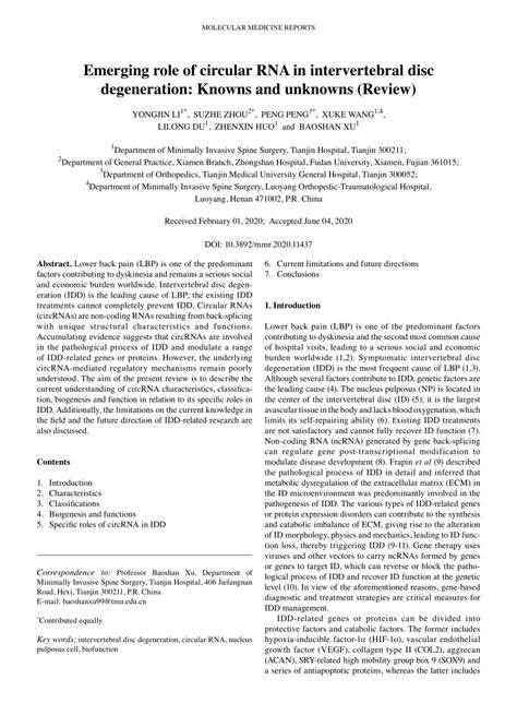Pdf Emerging Role Of Circular Rna In Intervertebral Disc Degeneration Knowns And Unknowns