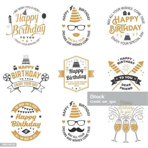 오버레이 배지 풍선 선물 불꽃 놀이 로켓 트 및 생일 케이크 촛불의 무리와 함께 카드 생일 서식 파일 집합입니다 벡터입니다 생일 축 하에 대 한 빈티지 디자인 고풍스런에