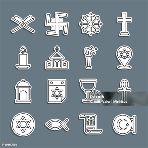 ตั้งเส้นดาวและเสี้ยว กางเขน ของดาวิด วงล้อธรรมะ อาคารโบสถ์ เทียนเผา คัมภีร์อัลกุรอานและ