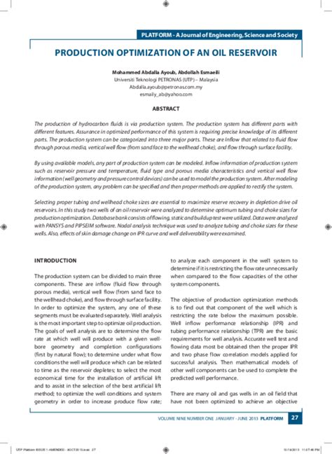 Pdf Production Optimization Of An Oil Reservoir