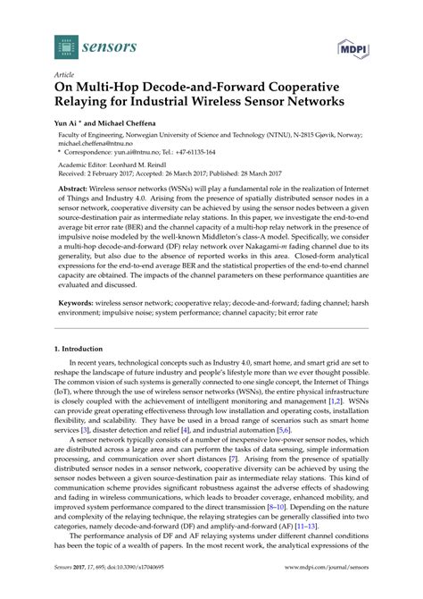 Pdf On Multi Hop Decode And Forward Cooperative Relaying For Industrial Wireless Sensor Networks