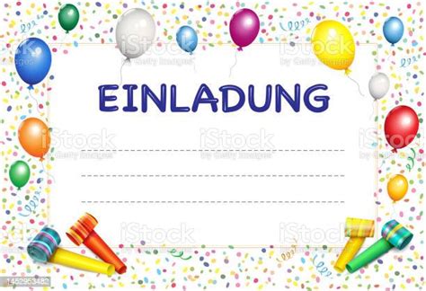 독일어로 된 생일 어머니의 날 카니발 파티 등을위한 초대장 색종이 풍선 깃발 및 텍스트 공간 흰색 배경에 격리된 벡터 그림 공란에 대한 스톡 벡터 아트 및 기타 이미지